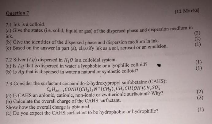 Solved Question 7 [12 Marks) (2) (1) 7.1 Ink is a colloid. | Chegg.com