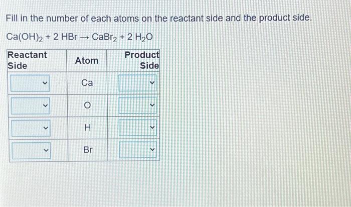 Solved Fill in the number of each atoms on the reactant side | Chegg.com