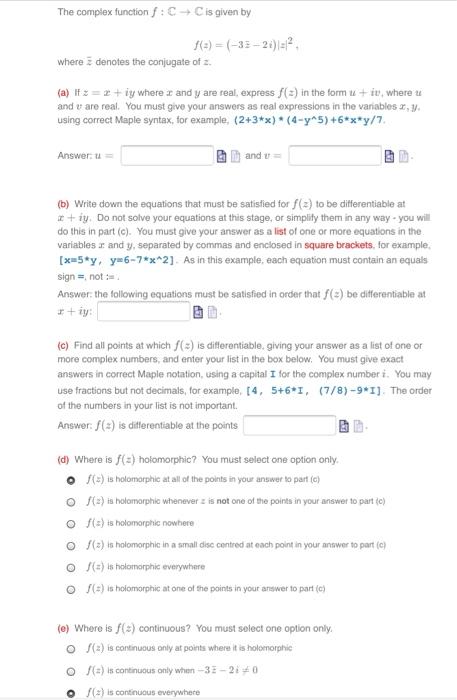 Solved The compiex function f:C→C is given by | Chegg.com