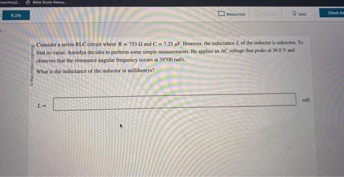 Solved Consider a series RLC circuit where R=753Ω and | Chegg.com