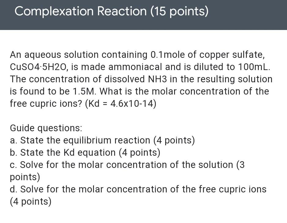 Solved An aqueous solution containing 0.1mole of copper | Chegg.com