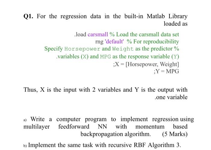 Solved Q1. For the regression data in the built-in Matlab | Chegg.com