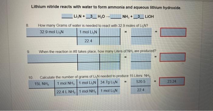 Solved Lithium nitride reacts with water to form ammonia and | Chegg.com