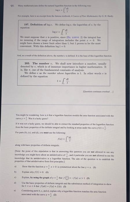 Solved Q2. Many mathematicians define the natural logarithm | Chegg.com