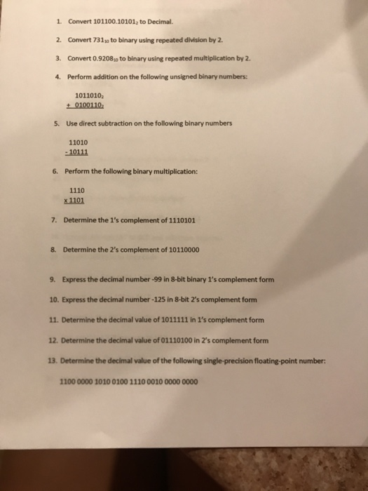 Solved 1. Convert 101100.10101, to Decimal. 2. Convert 731, | Chegg.com
