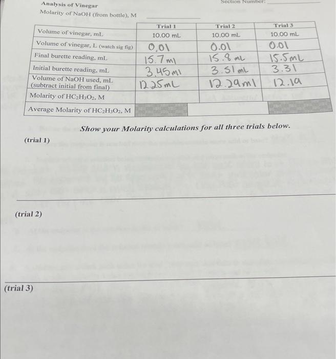 Solved use the trial 1,2, and 3 to show molarity | Chegg.com