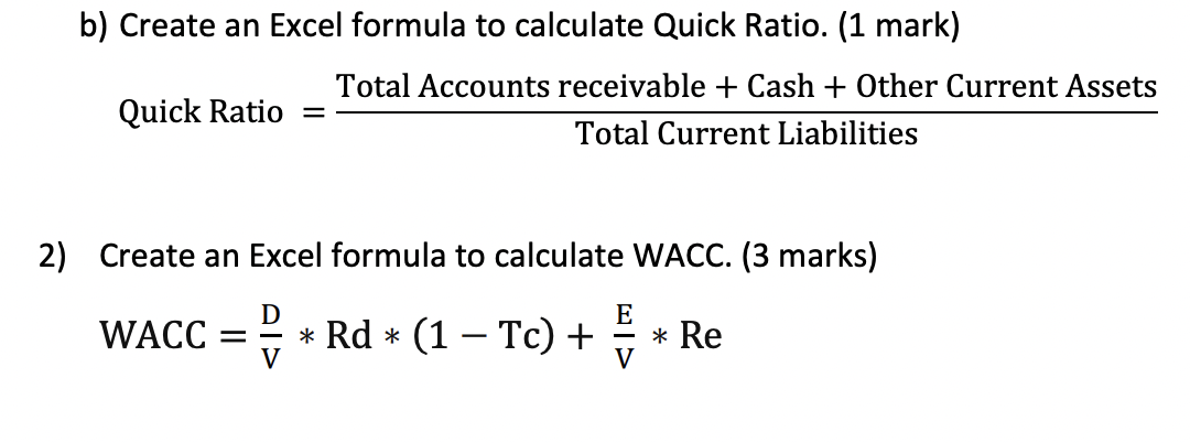 Solved b) ﻿Create an Excel formula to calculate Quick Ratio. | Chegg.com