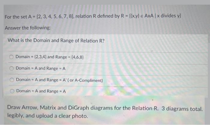 Solved For the set A={2,3,4,5,6,7,8}, relation R defined by | Chegg.com