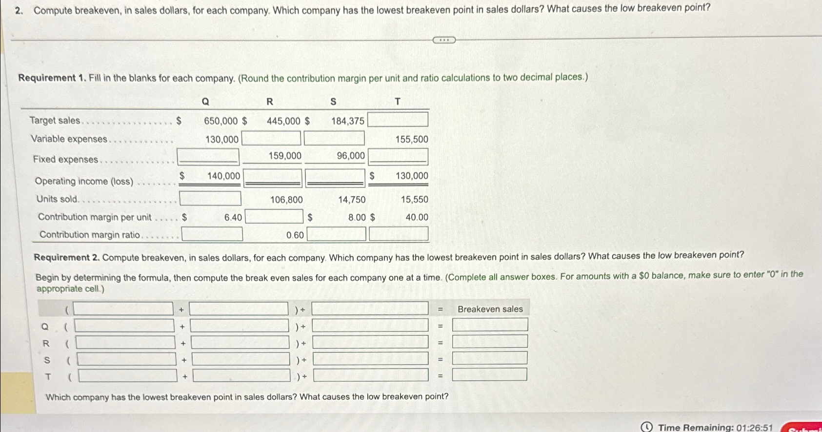 Solved Compute breakeven, in sales dollars, for each | Chegg.com