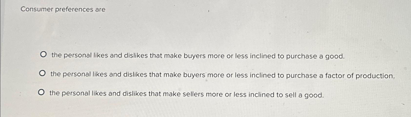Solved Consumer preferences arethe personal likes and | Chegg.com
