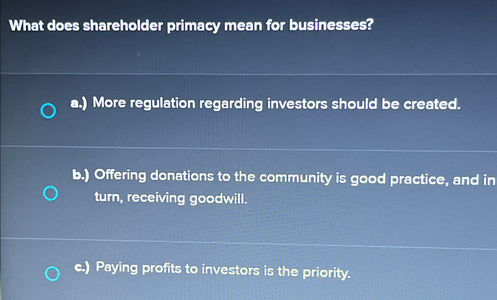 Solved What does shareholder primacy mean for businesses?a.) | Chegg.com