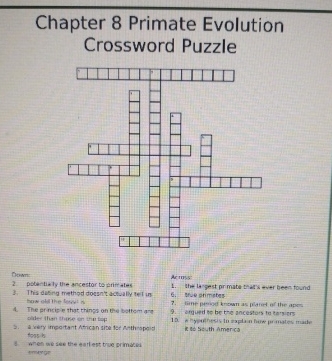 Solved Chapter 8 ﻿Primate Evolution Crossword PuzzleDewn:2 | Chegg.com