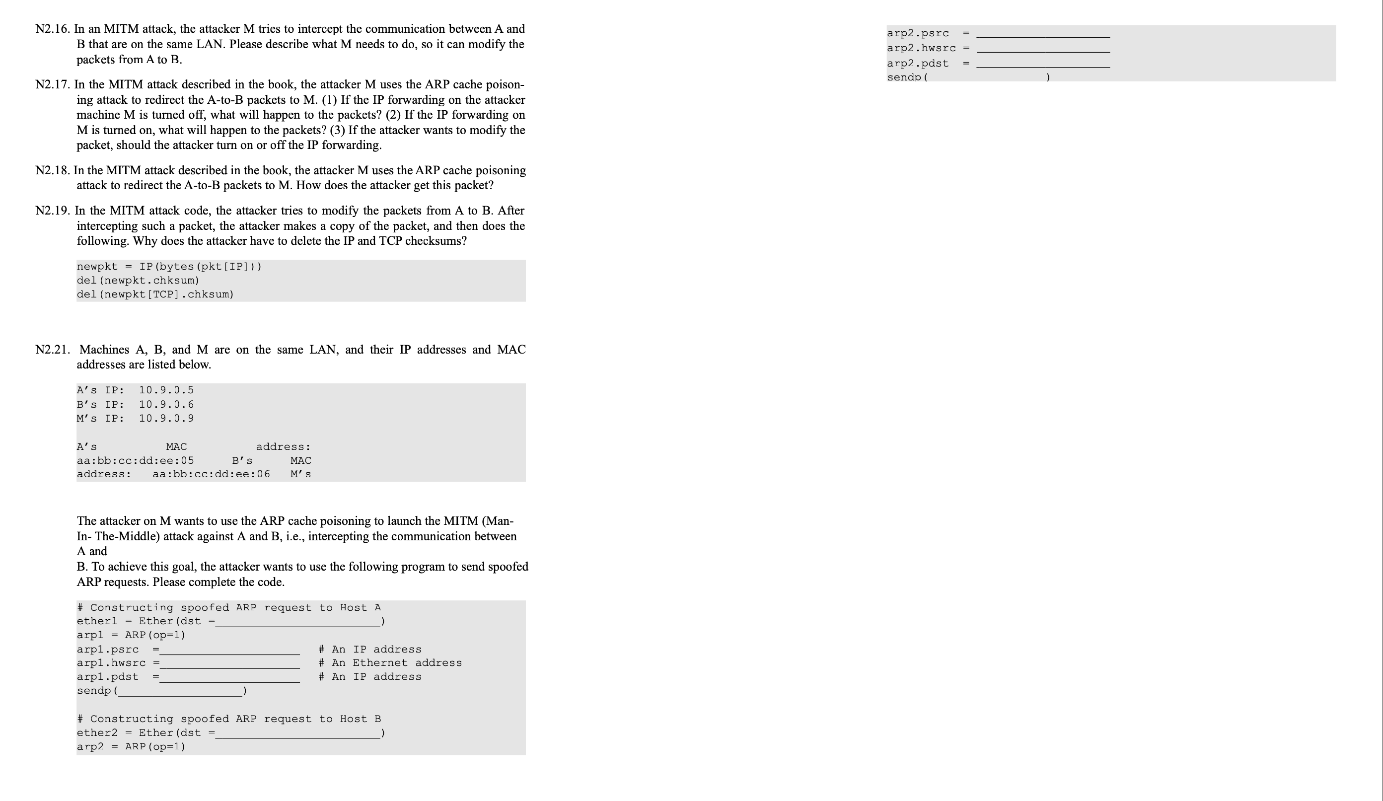 Solved N2.16. ﻿In an MITM attack, the attacker M tries to | Chegg.com