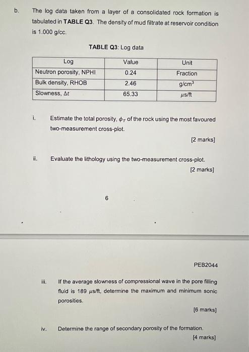 Solved b. The log data taken from a layer of a consolidated | Chegg.com