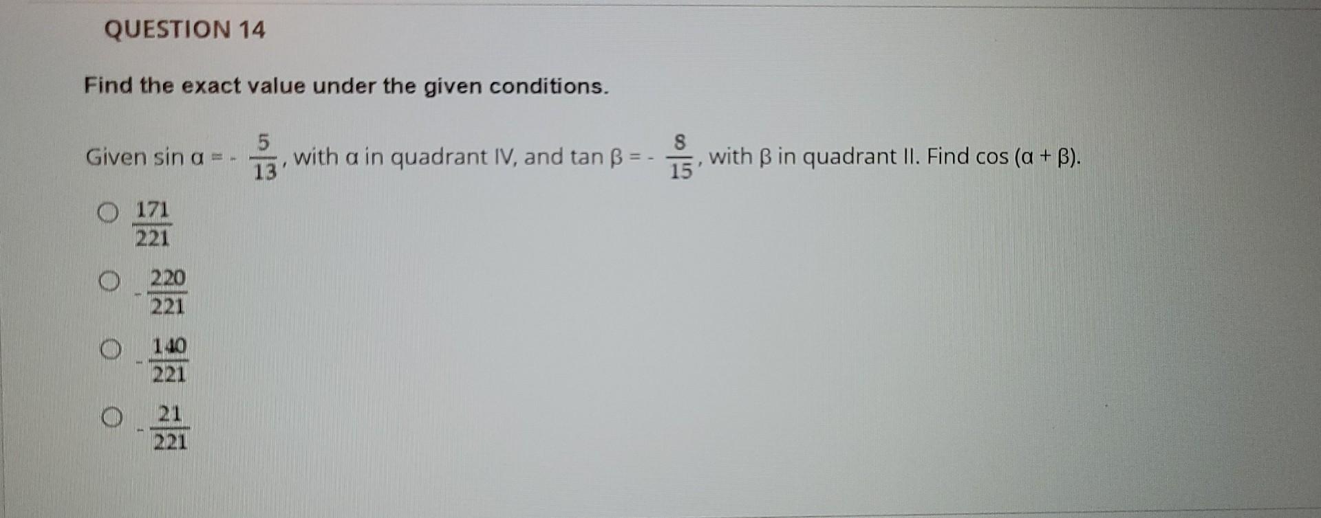 Solved Find the exact value under the given conditions. | Chegg.com