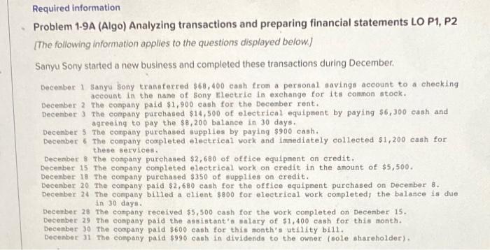Solved Problem 1.9A (Algo) Analyzing transactions and | Chegg.com
