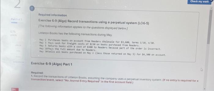Solved Required information Exercise 6-9 (Algo) Record | Chegg.com