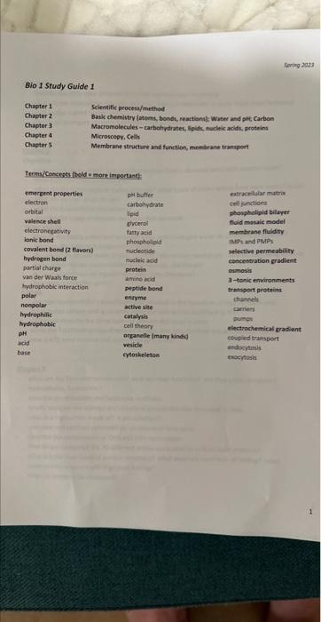 Bio 1 Study Guide 1 Termsicenceists. pold w more | Chegg.com