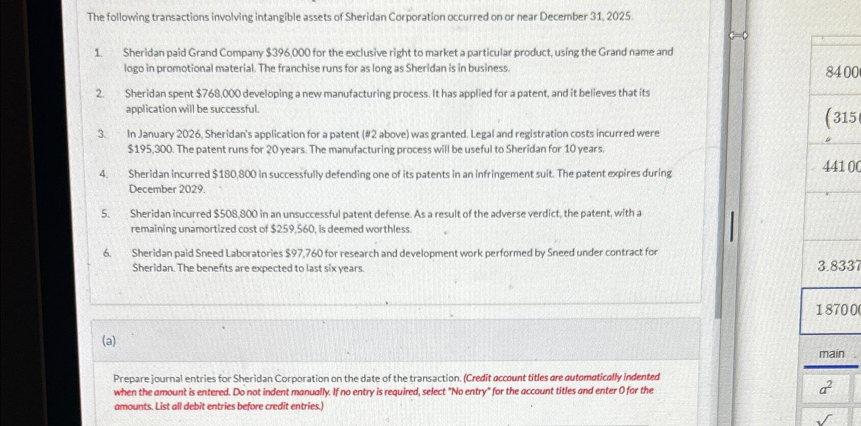 Solved The following transactions involving intangible | Chegg.com