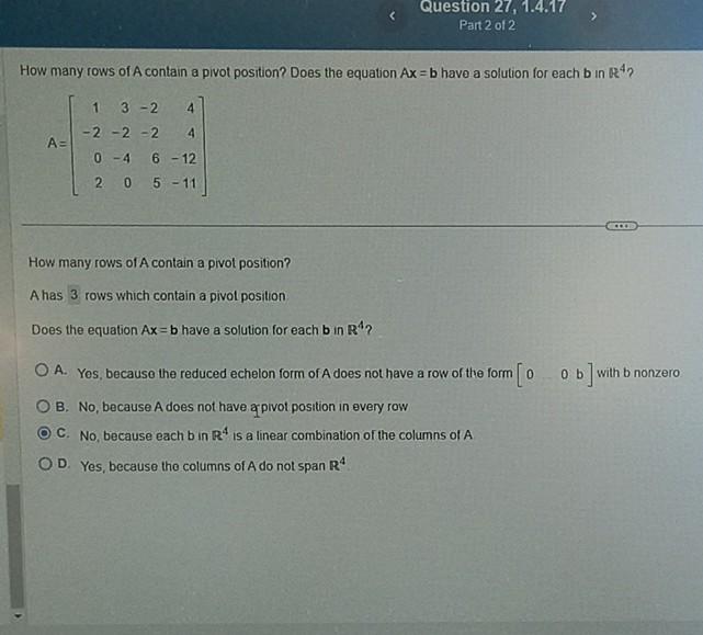 Solved How many rows of A contain a pivot position? Does the | Chegg.com