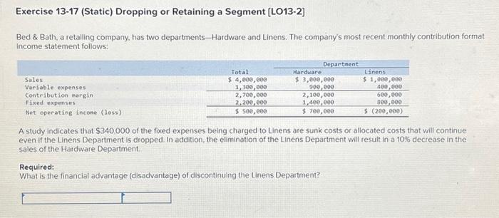 Solved Exercise 13-17 (Static) Dropping or Retaining a | Chegg.com