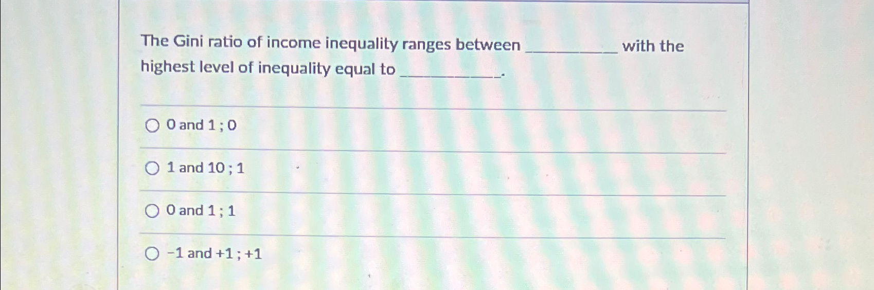Solved The Gini ratio of income inequality ranges between | Chegg.com