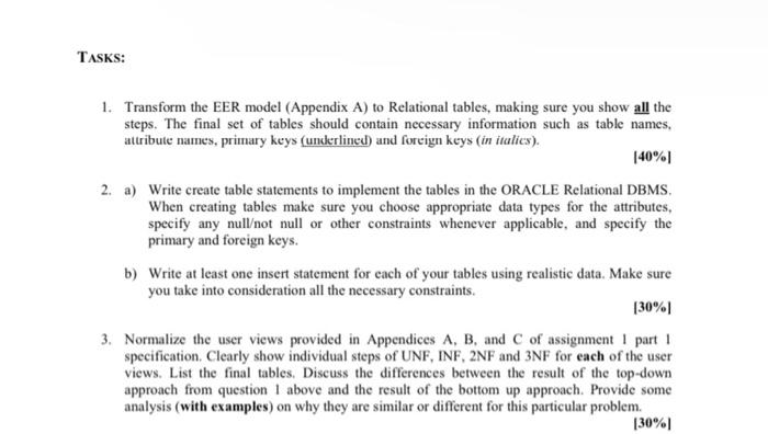 Solved TASKS: 1. Transform the EER model (Appendix A) to | Chegg.com