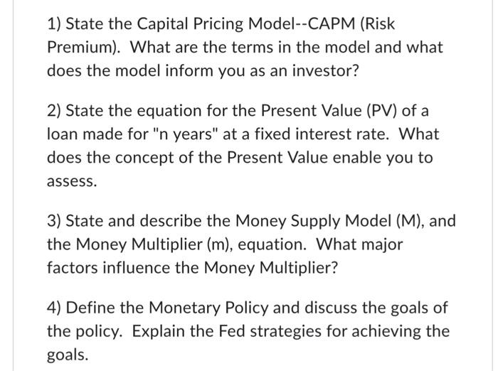 Solved 1) State the Capital Pricing Model-CAPM (Risk | Chegg.com