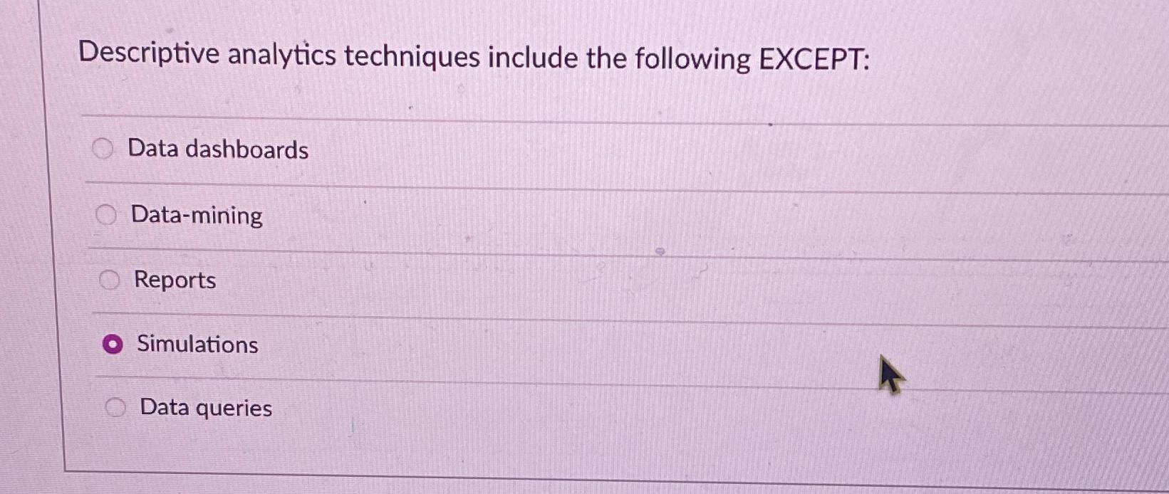 Solved Descriptive analytics techniques include the | Chegg.com