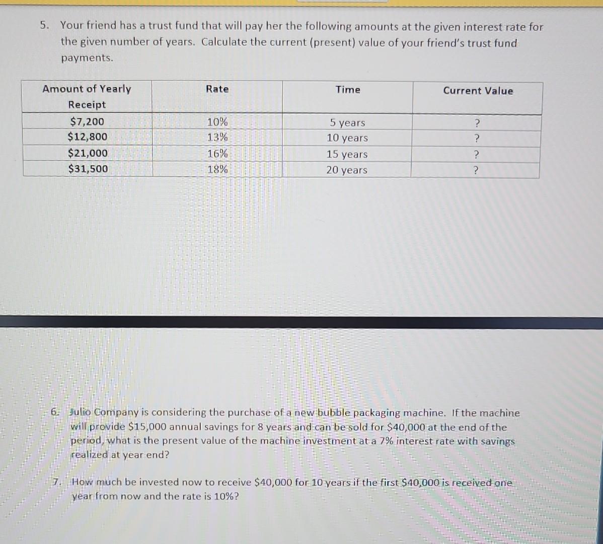 Solved Time Value of Money Problemns Instructions: Use Excel | Chegg.com