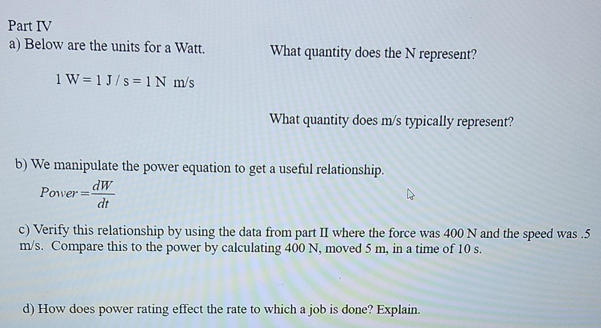 Solved Part IV a) Below are the units for a Watt. What | Chegg.com