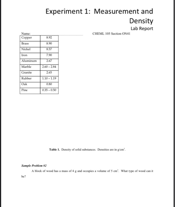 Solved Experiment 1: Measurement and Density Lab Report | Chegg.com Solved Experiment 1: Measurement and Density Lab Report | Chegg.com