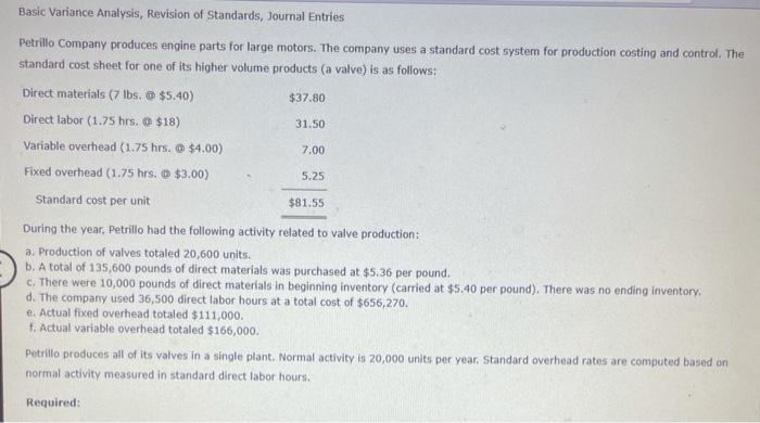 Solved Basic Variance Analysis, Revision of Standards, | Chegg.com