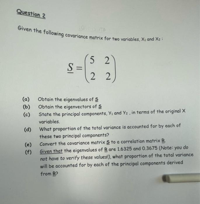 Solved Given the following covariance matrix for two | Chegg.com