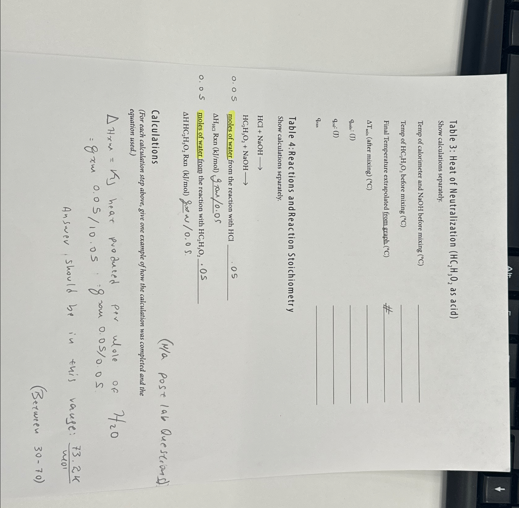 Table 3: Heat of Neutralization ( HC2H3O2 ﻿as | Chegg.com