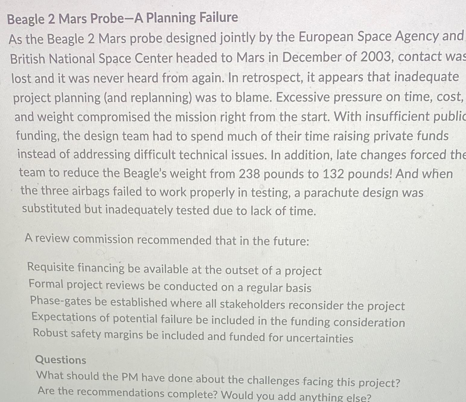 Solved Beagle 2 ﻿Mars Probe-A Planning FailureAs the Beagle | Chegg.com