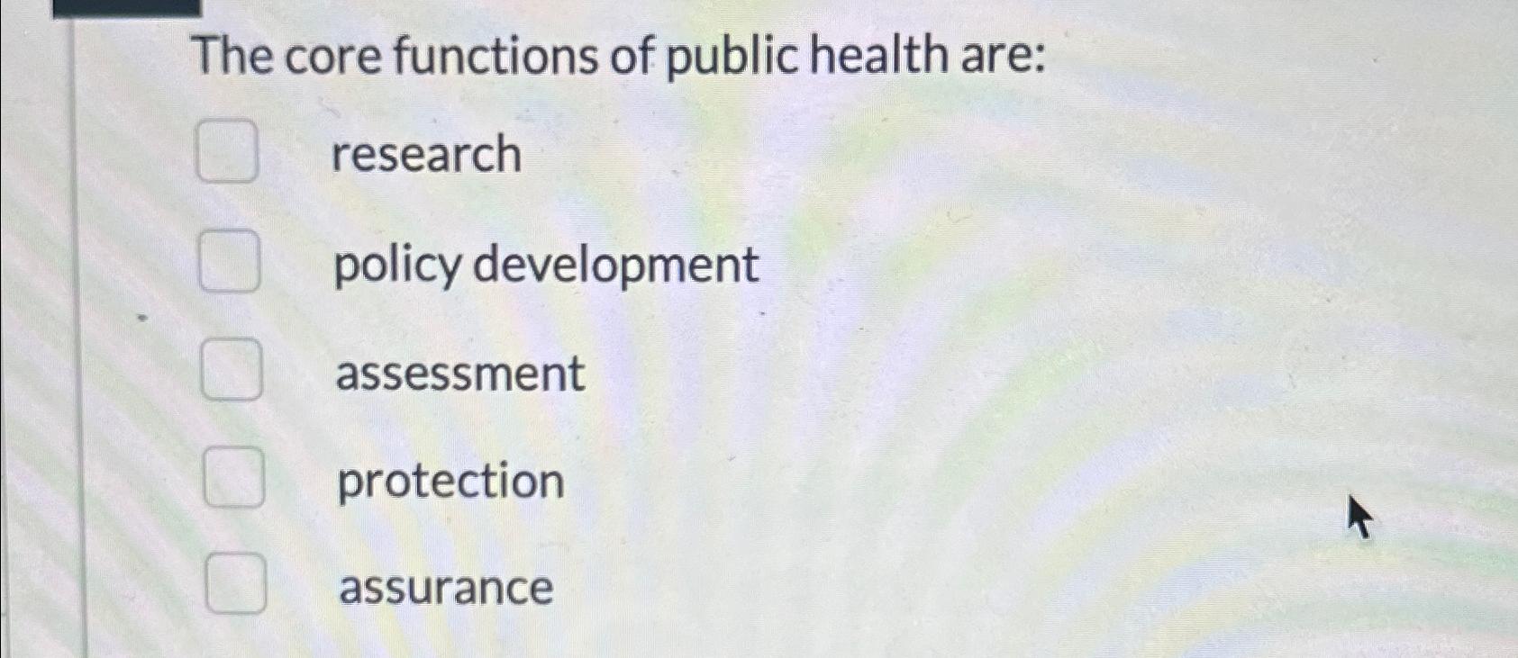 Solved The core functions of public health | Chegg.com