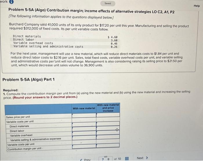 Solved Problem 5-5A (Algo) Contribution margin; income | Chegg.com