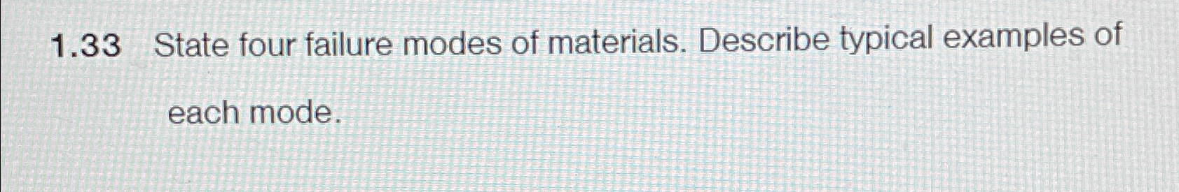 Solved 1.33 ﻿State four failure modes of materials. Describe | Chegg.com