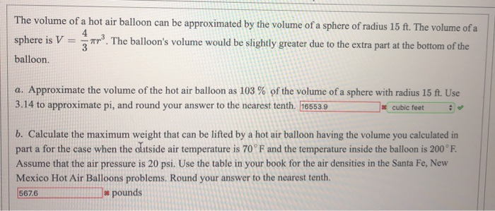Solved The volume of a hot air balloon can be approximated | Chegg.com