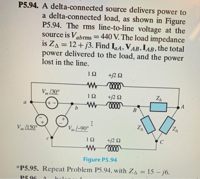 Solved P5.94. A delta-connected source delivers power to a | Chegg.com