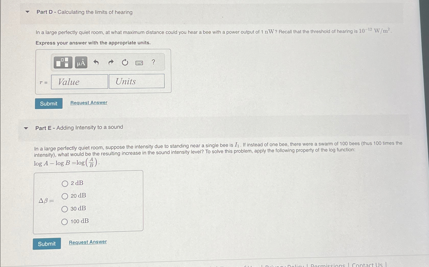 Solved Part D - ﻿Calculating the limits of hearingIn a large | Chegg.com