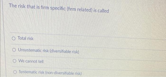 Solved The risk that is firm specific (firm related) ﻿is | Chegg.com