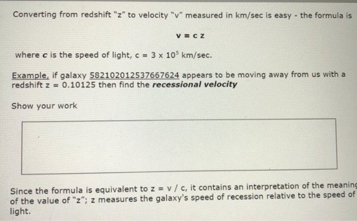 Solved Converting from redshift "z" to velocity "v" measured | Chegg.com