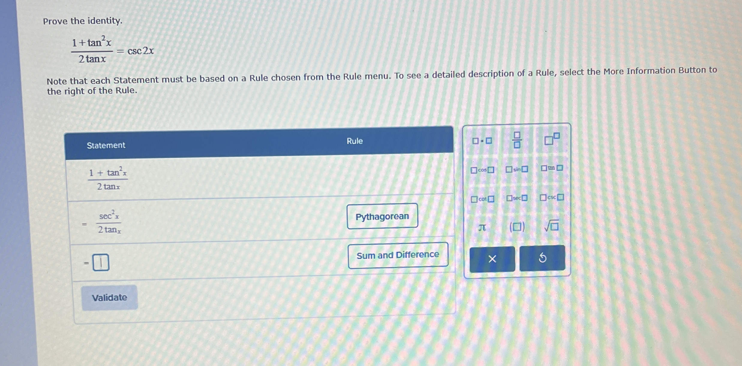 Solved Prove the identity.1+tan2x2tanx=csc2xNote that each | Chegg.com