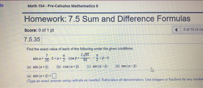 Solved ts Math 154 - Pre-Calculus Mathematics II Homework: | Chegg.com