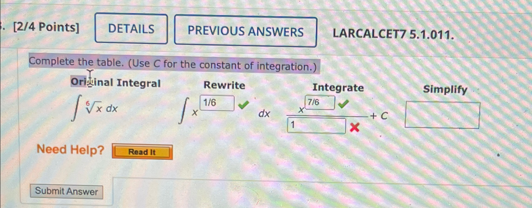 Solved [2/4 ﻿Points]LARCALCET7 5.1.011.Complete the table. | Chegg.com