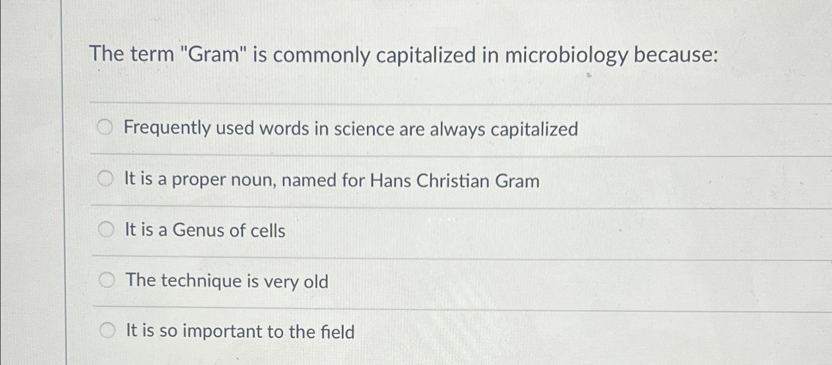 Solved The term "Gram" is commonly capitalized in | Chegg.com