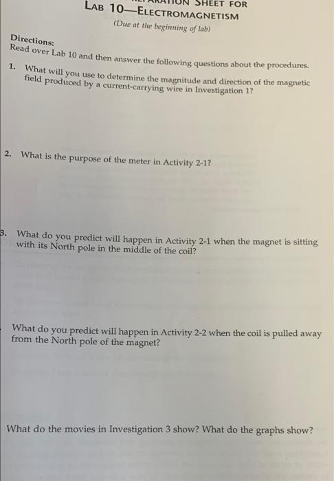 SHEET FOR LAB 10-ELECTROMAGNETISM (Due at the | Chegg.com