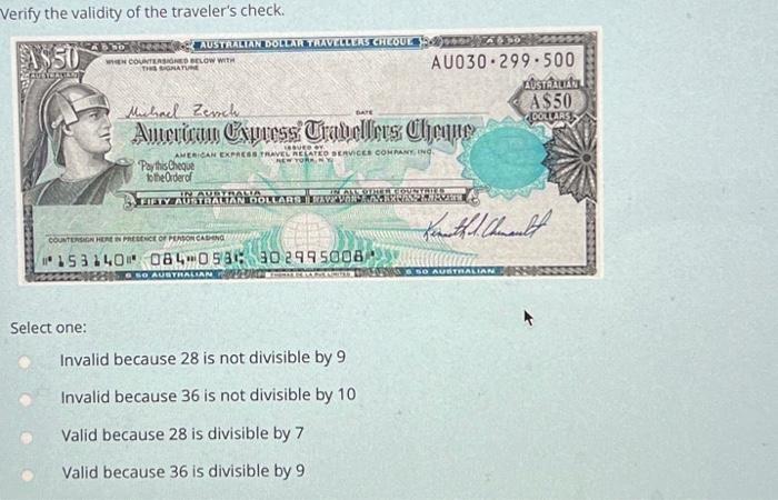 Solved Verify the validity of the traveler's check. $50 | Chegg.com